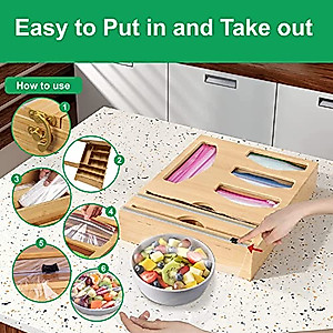 : Ziplock Bag Organizer Storage Cabinet - Foil and Plastic Wrap Organizer with Cutter for Kitchen Organization - Bamboo 6-in-1 Plastic Wrap Dispenser Suitable for, Foil, Gallon, Quart, Sandwich Bags