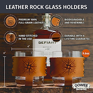 Oowee Genuine Leather Sleeve & Rocks Glasses - Set of 2 | 9.6 oz Whiskey Glasses & Old Fashioned Glasses | Great Gift for Men - Sleeve Made in the USA - Compass