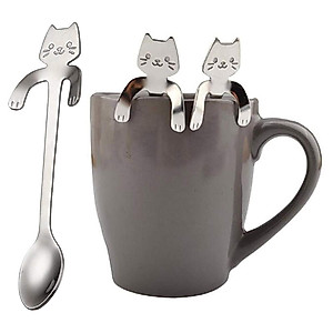 ekqw015l 1 Piece Cute Cat Spoon Long Handle Spoons Flatware Drinking Tools Kitchen Gadget |Baby Stainless Steel Dessert Cake Coffee Spoon Cutlery– Teaspoons,Coffee spoons Soup Spoons Silver