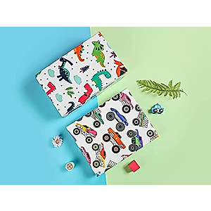 BULKYTREE Birthday Wrapping Paper for Boys Kids, Recycled Gift Wrapping Paper, Happy Animals, Cute Dinosaur, Monster Truck Gift Wrap for Birthday Baby Shower and Holiday - 3 Pack, 18 x 120 Inch Per Roll