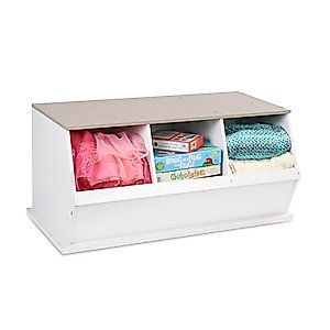 Badger Basket Three Bin Stackable Toy Storage Cubby Organizer - White/Gray Woodgrain