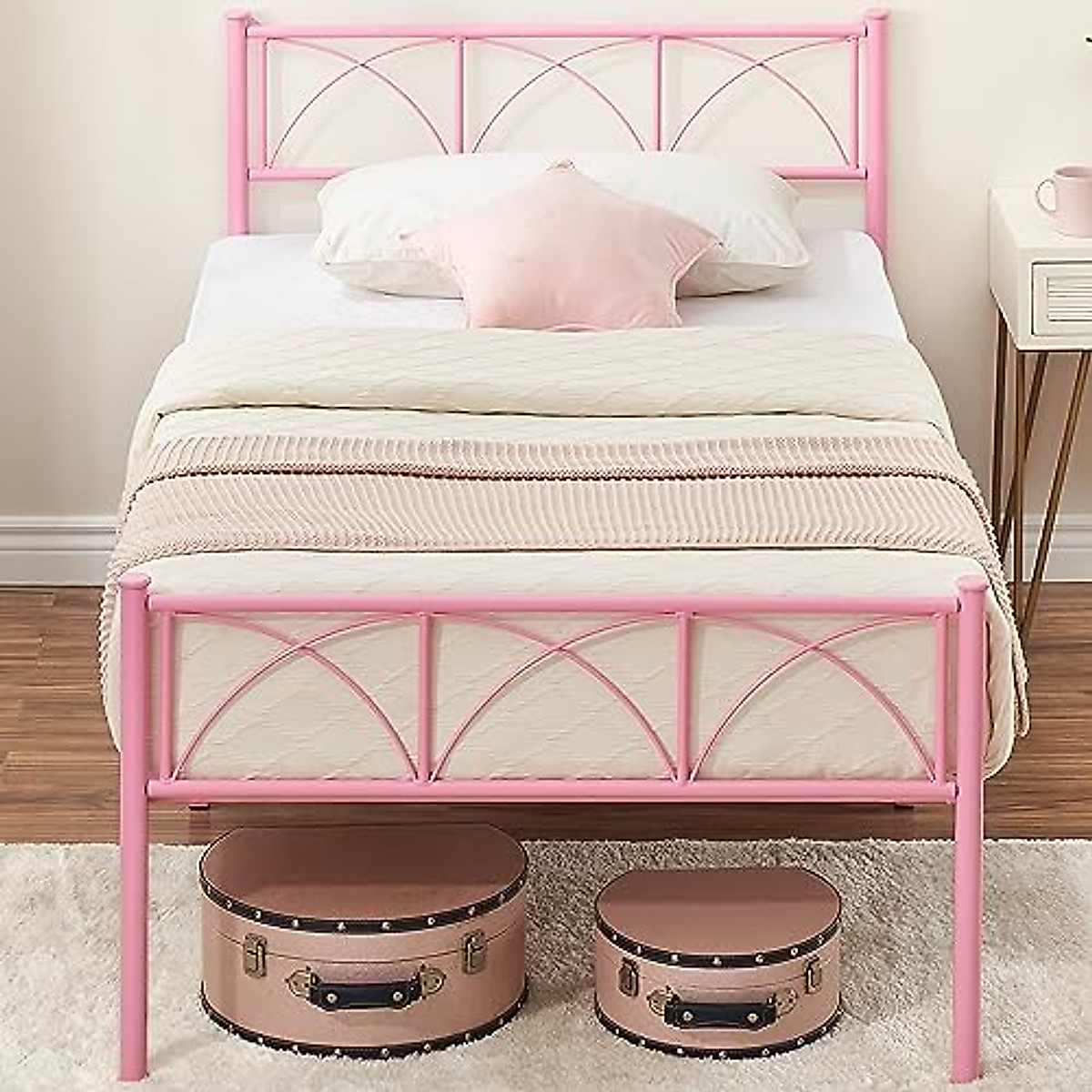 GAOMON Modern Stylish Iron Bed Frame with Headborad & Footboard,Firm Support Structure, Metal Platform Bed Frame, No Box Spring Needed, Under Bed Storage, Simple Assembly(Pink,Twin)