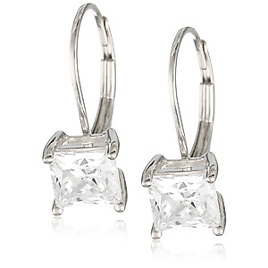 Amazon Essentials Platinum Plated Sterling Silver Princess Cut Cubic Zirconia Leverback Earrings (5.5mm), (previously Amazon Collection)