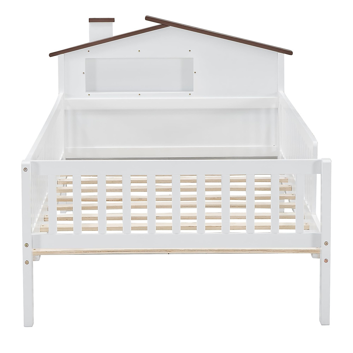 Bellemave Twin Size Montessori Bed for Kids, Twin Size Kids Bed with Fence，Kids Montessori Bed with House-Shaped Headboard and Built-in Storage, White