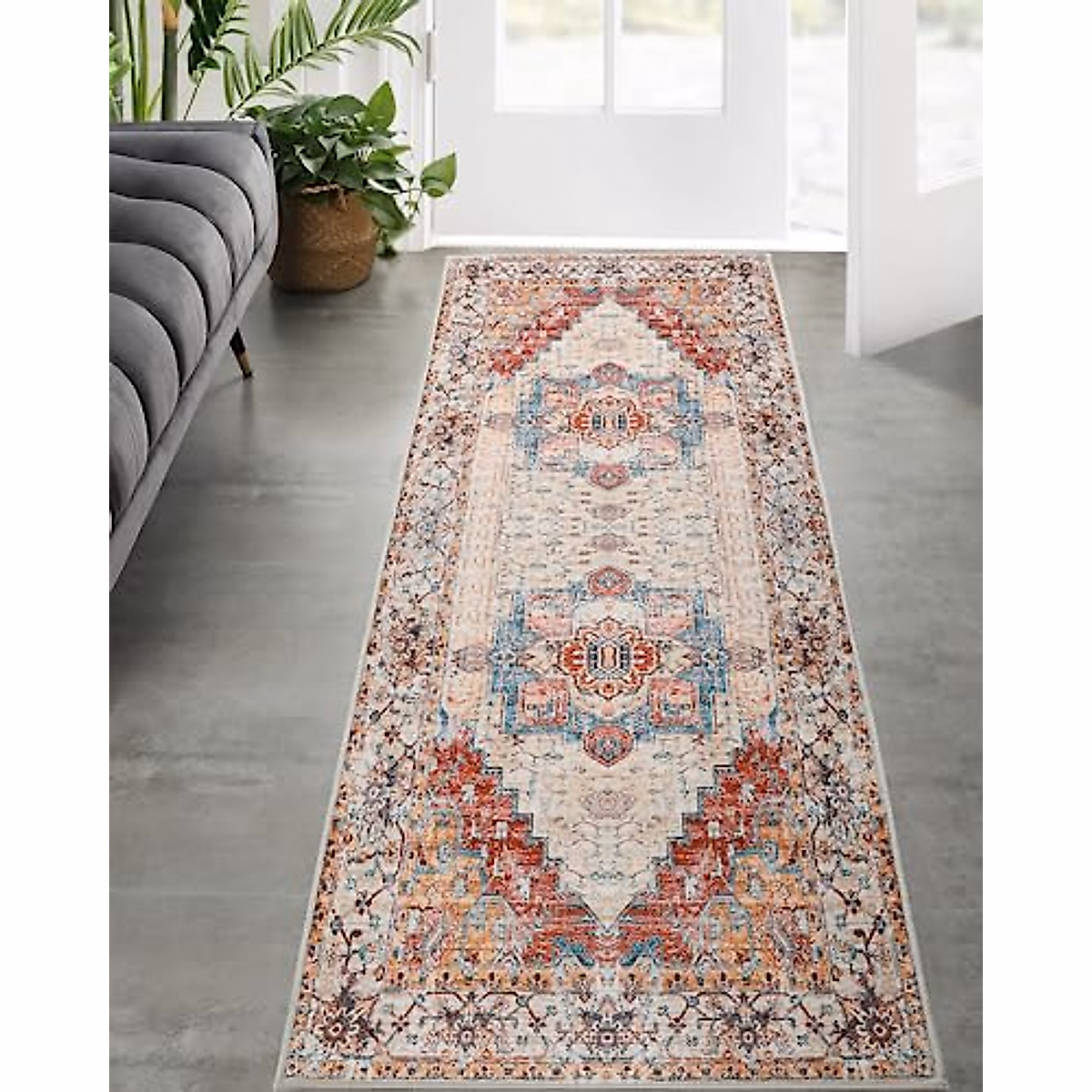 Comeet Washable Runner Rug - 2x6 Boho Hallway Runner Rug, Non-Slip Kitchen Bathroom Runner Rugs, Long Vintage Accent Area Rug for Entryway Laundry Bedroom Orange/Blue