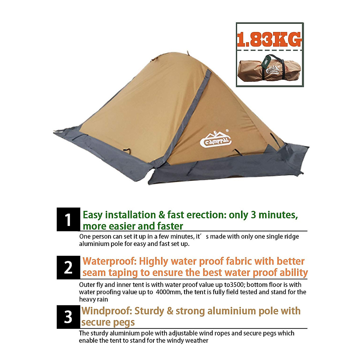 camppal 1 Person Tent Backpacking Camping Hiking Mountain Hunting Tent Lightweight and Waterproof for 4 Season Extreme Space Saving Single Bracket (Khaki-with skirt)