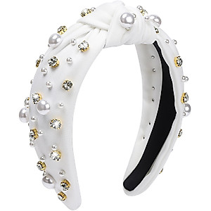 WantGor Pearl Knotted Headband, Women Rhinestone Embellished Hairband Elegant Wide Top Knot Bride Headbands Headpieces Party Fashion Elegant Ladies Hair Band Hair Hoop Accessories (White)