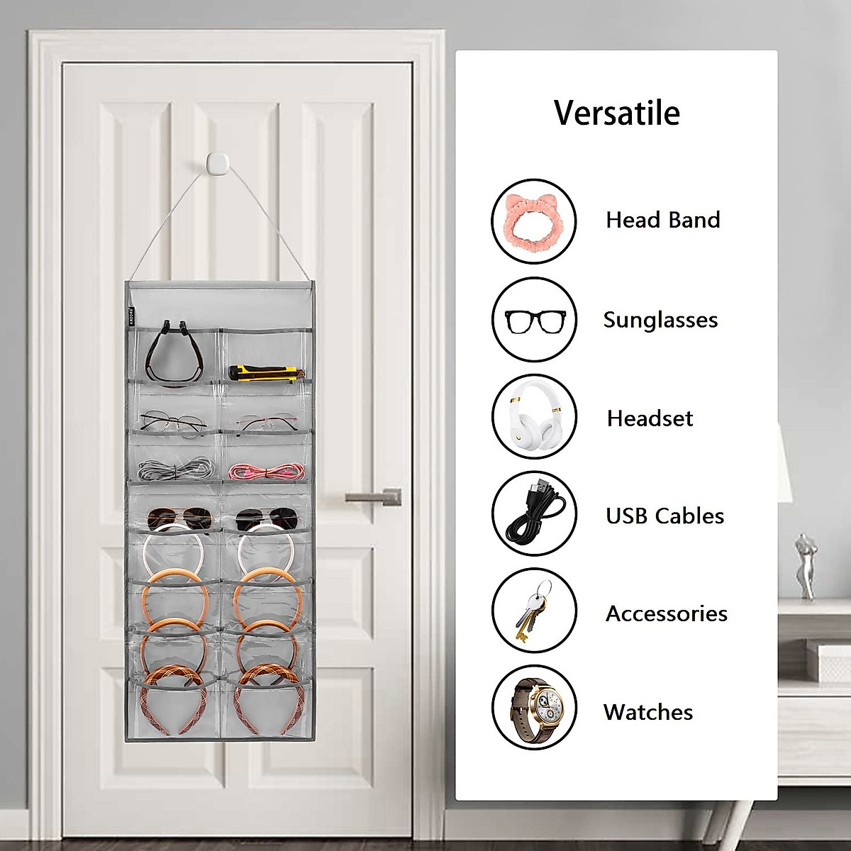 ANZORG Wall Hanging Headband Organizer Ribbon Hair Hoops Storage Hairbands Hair Accessory Holder with Clear Pockets (GREY-16 POCKETS)