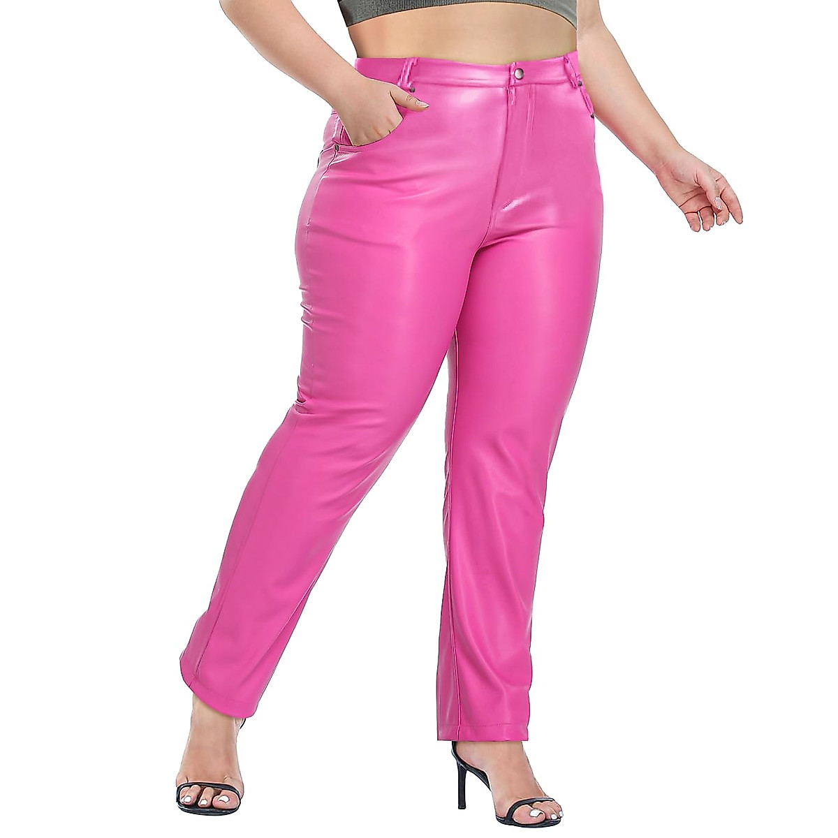 HDE Women's Plus Size Faux Leather Pants High Waist Straight Leg Pant w/Pockets Hot Pink - 1X