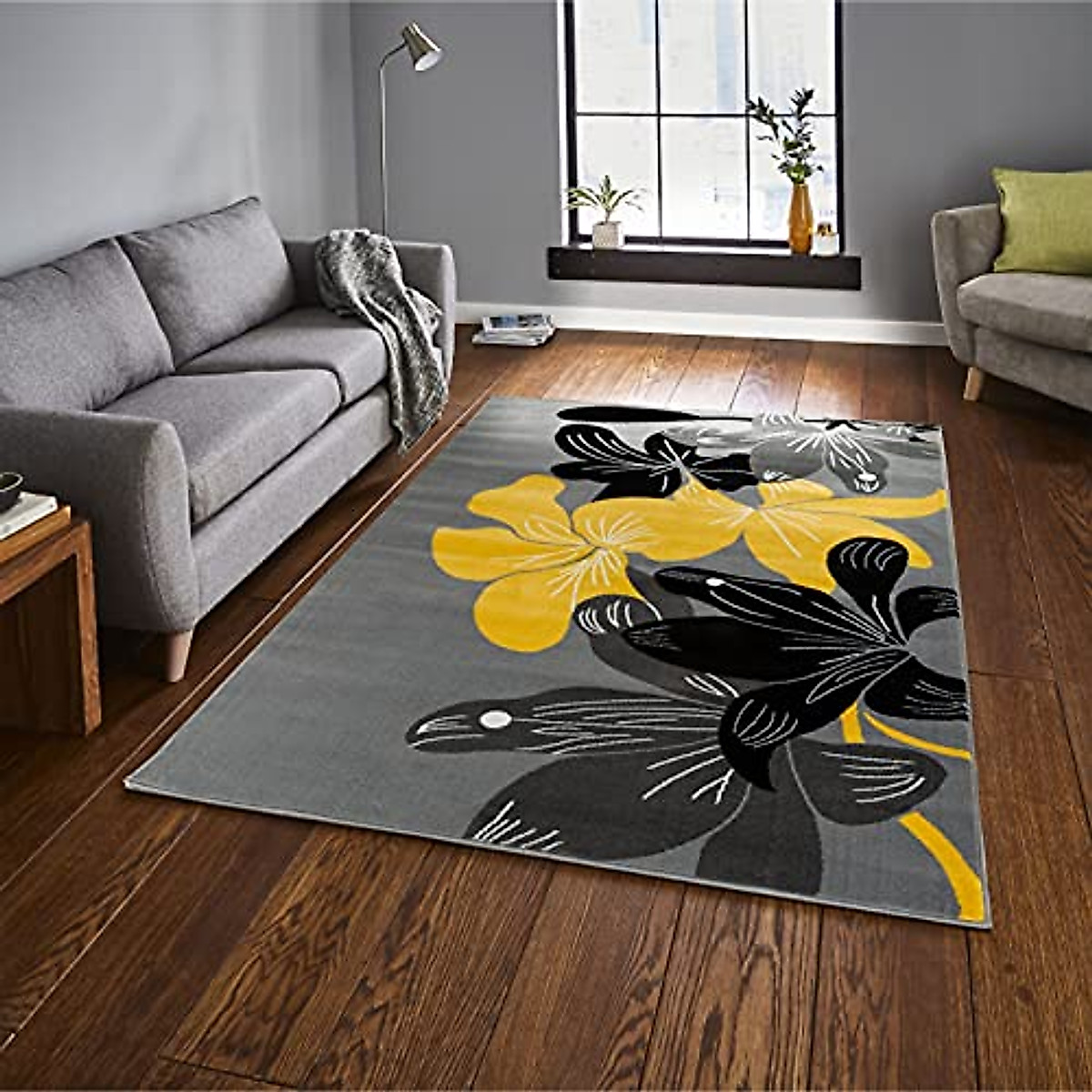 Rug and Decor Contempo 1000 Yellow Grey Black White Floral Bloom Abstract Area Rug Carpet Alfombra for Living Room Bed Room (5' x 7' Area Rug)