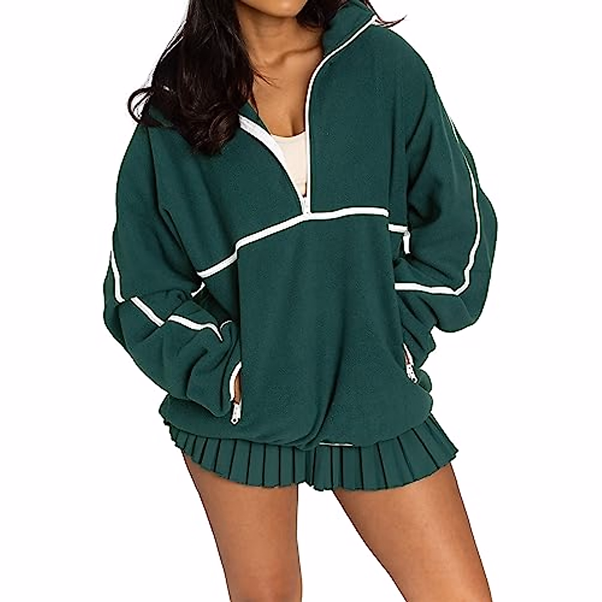 VNIRA Women’s Oversized Sweatshirt Fleece Crew Neck Long Sleeve Half Zip Casual Pullover Hoodie Tops Fall Y2K Clothes Deep Green