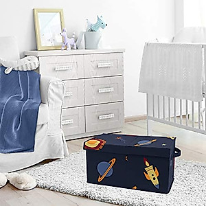 Sweet Jojo Designs Space Galaxy Planets Boy Small Fabric Toy Bin Storage Box Chest For Baby Nursery or Kids Room - Navy Blue Star and Moon Rocket Ship