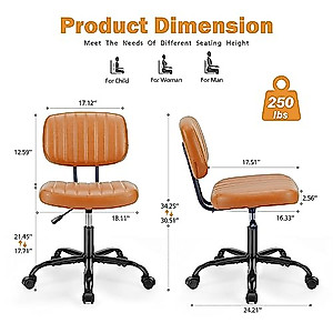 OLIXIS Armless Home Office Desk Chair with PU Leather Low Back Lumbar Support and Wheels, Height Adjustable No Arms for Bedroom, Study Small Space, Brown