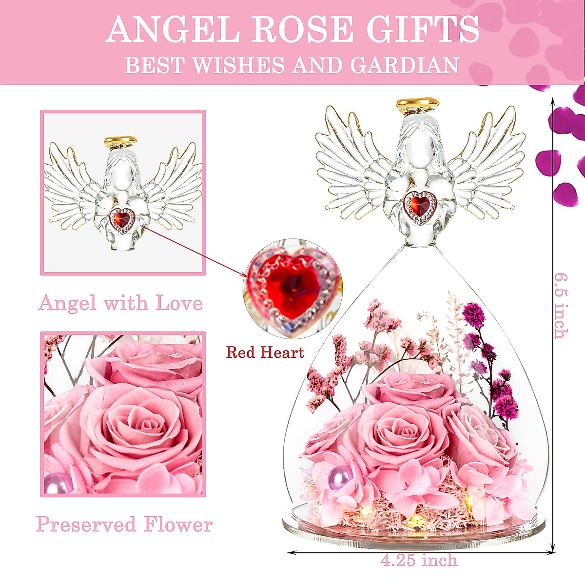 Lafloraita Mothers Day Preserved Rose Gifts for Women Mom Grandma Wife,Glass Angel Figurines with LED Light,Four Real Rose Flowers Sweet Pink