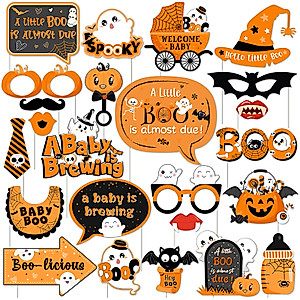 Kreatwow 24pcs Halloween Baby Shower Photo Booth Props Orange Black Halloween Baby Shower A Little Boo is Almost Due Baby Shower Decor for Halloween Baby Shower Gender Reveal Pregnancy Celebration