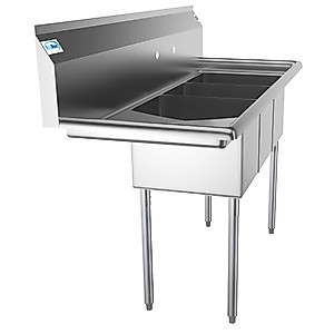 KoolMore 3 Compartment Stainless Steel Commercial Kitchen Sink with Large Drainboard - Bowl Size 12" x 16" x 10", Silver