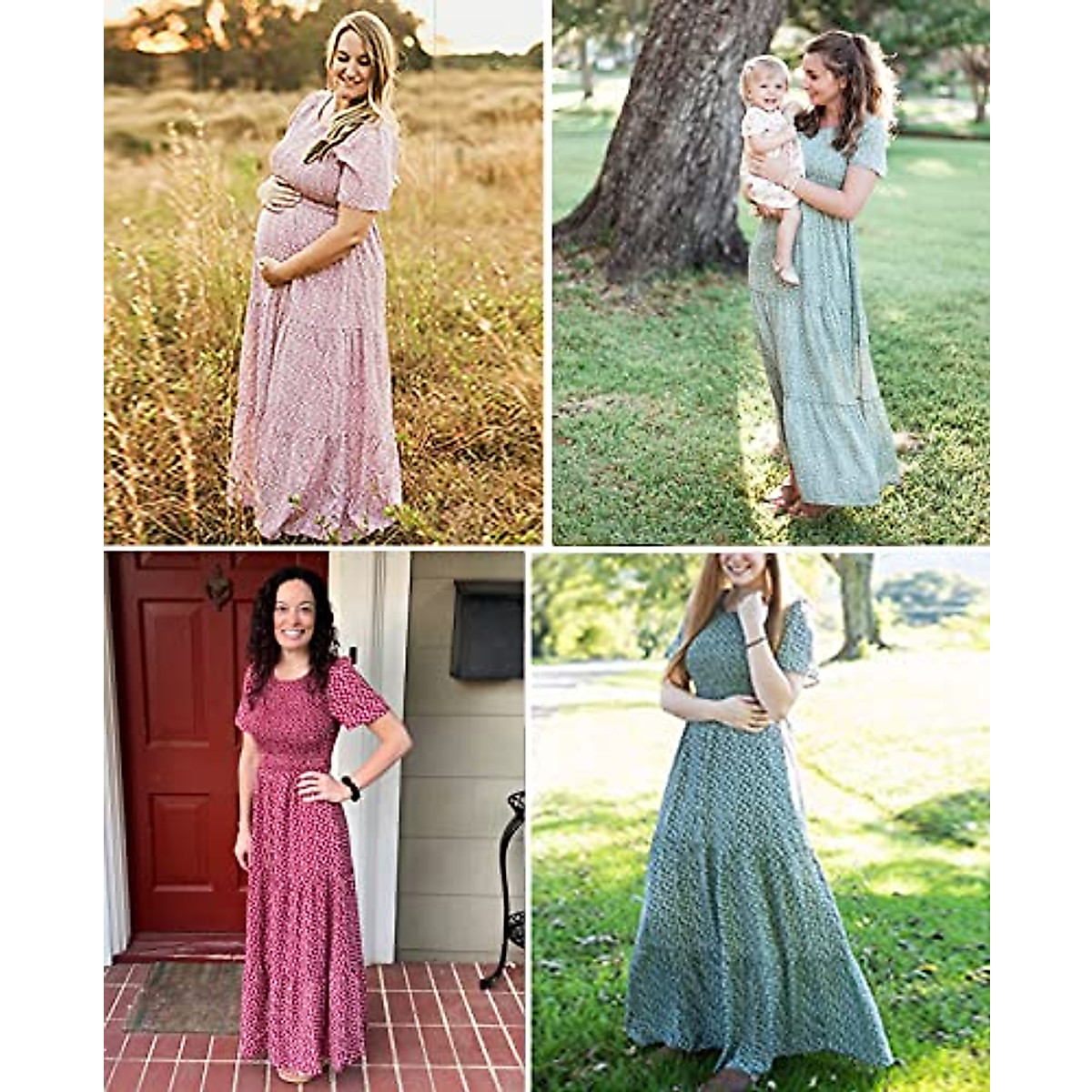 Zattcas Womens 2023 Spring Summer Smocked Tiered Boho Floral Long Maxi Dresses Casual Short Sleeve Modest Flowy Church Maternity Wedding Guest Dress Light Green M