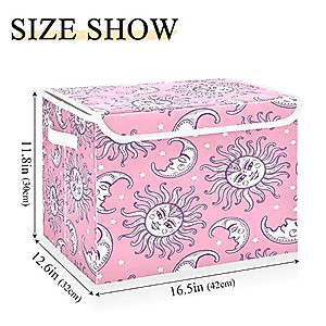 Kigai Storage Basket Pink Sun Moon Storage Boxes with Lids and Handle, Large Storage Cube Bin Collapsible for Shelves Closet Bedroom Living Room, 16.5x12.6x11.8 In