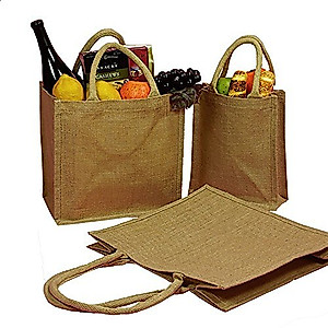Natural Burlap Tote Bags Reusable Jute Bags with Full Gusset (Pack of 6) (Small, Natural)