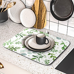 Giwawa Leaves Dish Drying Mat 16x18 inch Reversible Green Leaf Dish Draining Mats with Hanging Loop Absorbent Watercolor Plants Dish Drainer Mat Microfiber Leaves Drying Pad for Kitchen Counter Sink
