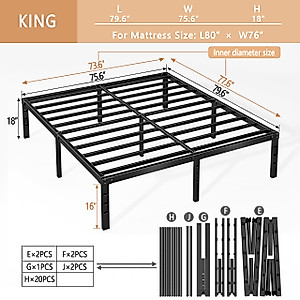 Kix Nox King Size Metal Bed Frame, 18" Heavy Duty, No Box Spring Needed, Under Bed Storage, Durable, Easy Assembly, Compatible with Headboard/Footboard, 5-Year Warranty