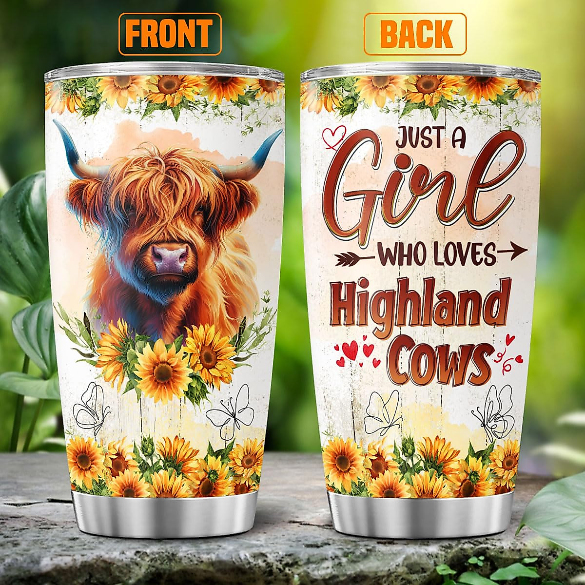 JENOIS Just A Girl Highland Cow, Tumbler 20 Oz With Lid And Straw, Highland Cow Gifts, Sunflower Flower Cups Floral