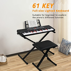 GLARRY 61 Keys Full Size Electric Keyboard Piano Set for Beginners Kids Portable Music Keyboard Baby Christmas Gifts with Piano Bench, Piano Stand, Music Stand, Microphone, Headphone, Power Supply