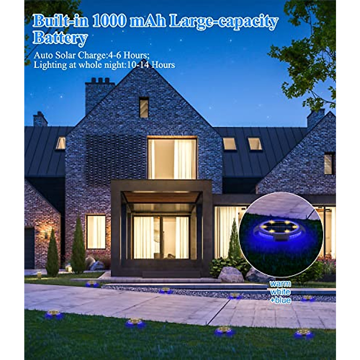 Ansody Solar Powered Ground Lights,6 LED+4 Blue Side Lights,14 Hrs Lighting 1000mA Battery IP65 Waterproof,Solar Driveway Garden Light,Landscape Lighting for Lawn Pathway Porch 8 Pack