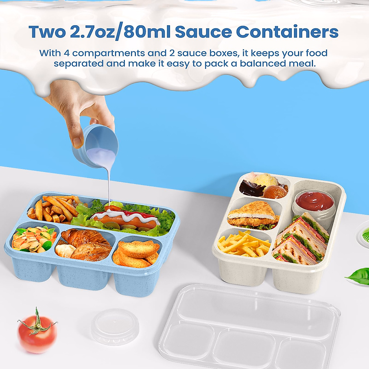 Yumuk Bento Box Adult Lunch Box (4 Pack) - 4-Compartment Snackle Box Container Bento Box for Kids/Adults, 44Oz/1300ML Meal Prep Containers Reusable with 2 Sauce Containers & Utensils (Wheat)