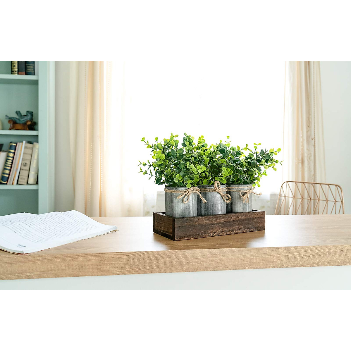 Dahey Decorative Galvanized Metal Pots Table Centerpiece Decor Wood Tray with Artificial Eucalyptus Plants 3 Buckets Rustic Farmhouse Home Decor for Coffee Dining Room Living Room Kitchen Bath, Brown