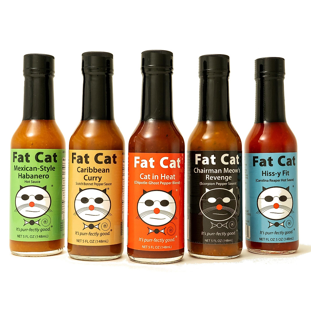 Heat Lovers Natural Hot Sauce Variety Pack by Fat Cat Gourmet | Habanero | Scotch Bonnet | Ghost | Scorpion | Carolina Reaper | Sampler Gift Set | Gluten Free | Vegan | Keto Friendly (5 Bottles)