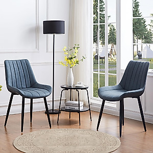 CLIPOP Faux Leather Dining Chairs Set of 4, Mid Century Modern Kitchen Chair, Pu Leather Dining Chair with Metal Leg, High Back, Armless Upholstered Leisure Side Chair for Dining Room Lounge, Blue