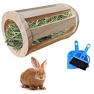 Tfwadmx Rabbit Hay Feeder Rack Wooden Food Manger Grass Holder Cylindrical Feeding Hay Mange for Guinea Pigs Bunny Chinchilla Hamster Small Animals