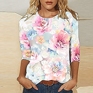 Deals of The Day Lightning Deals Today Prime 2023 Ladies Tops and Blouses 3/4 Sleeve Cute Floral Print Boho Tops for Women Plus Size Trendy Crewneck Womens Tops Summer 2023 Summer Casual