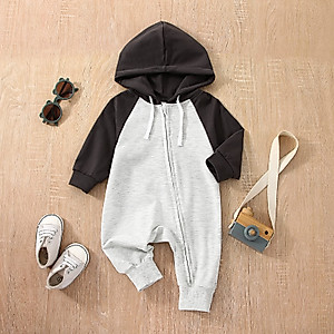 VISGOGO Baby Girls Boys Romper Contrast Color Long Sleeve Hooded Jumpsuit Zipper Autumn Outfit 0-24 Months (Dark Gray, 6-12 Months)