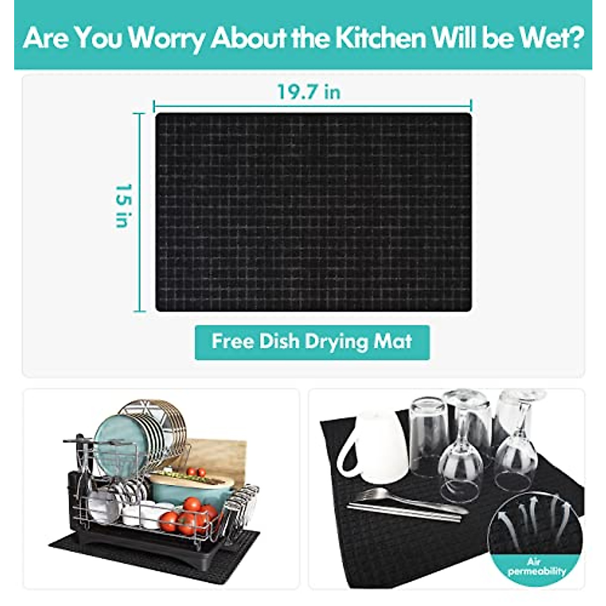 MAJALiS Dish Drying Rack and Drainboard Set, 2 Tier Large Dish Rack with Swivel Spout, Stainless Steel Dish Drainer for Kitchen Counter with Wine Glass Holder and Extra Drying Mat