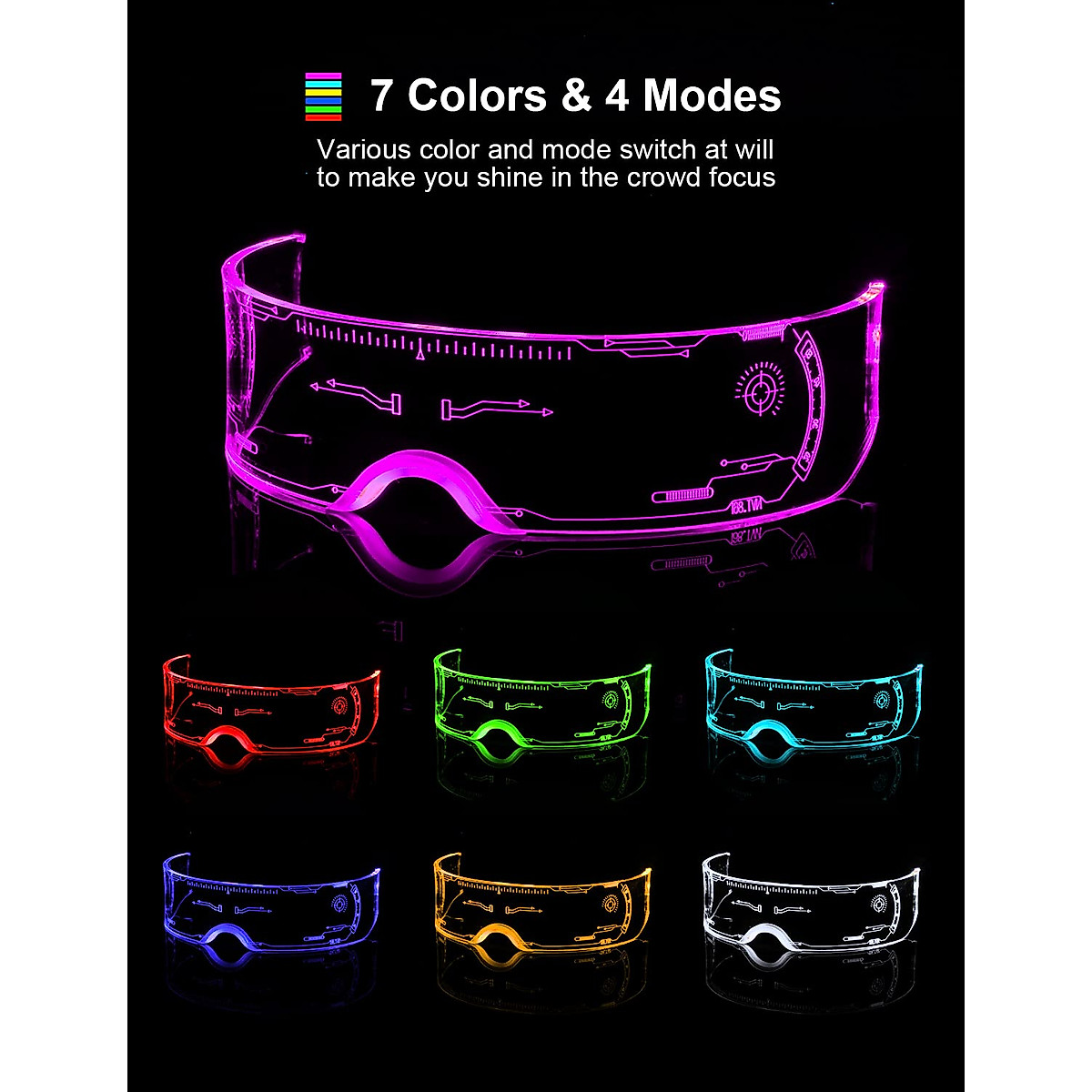 JIMIMORO LED Visor Light Up Glasses - 7 Color & 4 Modes Cyberpunk Futuristic Luminous Cosplay Glasses for Kid Adult