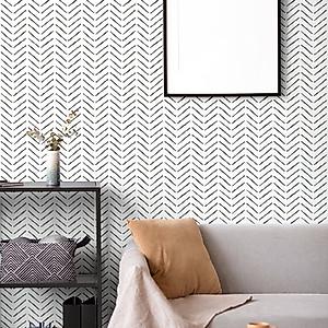 Rugreat Herringbone Peel and Stick Wallpaper Modern Contact Paper for Cabinets Stripe Wallpaper Neutral Self Adhesive Removable Wallpaper for Bedroom Bathroom Waterproof Black and White 78.8"×17.3"