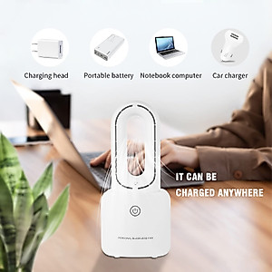 Bladeless Desk Fan Rechargeable, Small Bladeless Personal Fan Quiet Mini Table Fan, 12''Small Fan for Bedroom and Office, USB or 4000mAh Battery Operated, with Touch Control 6-Colors LED Light