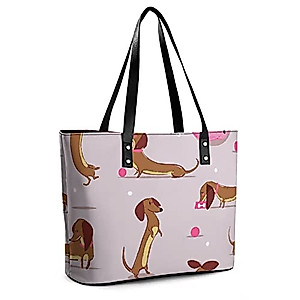 Womens Handbag Dachshund Dog Pattern Leather Tote Bag Top Handle Satchel Bags For Lady