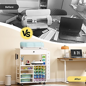 Pipleo Rolling Craft Cart for Cricut Machines, Craft Organizer and Storage Table with Vinyl Roll Holder, Built-in Outlet and Drawer, Crafting Cabinet Workstation Tools Holder for Craft Room