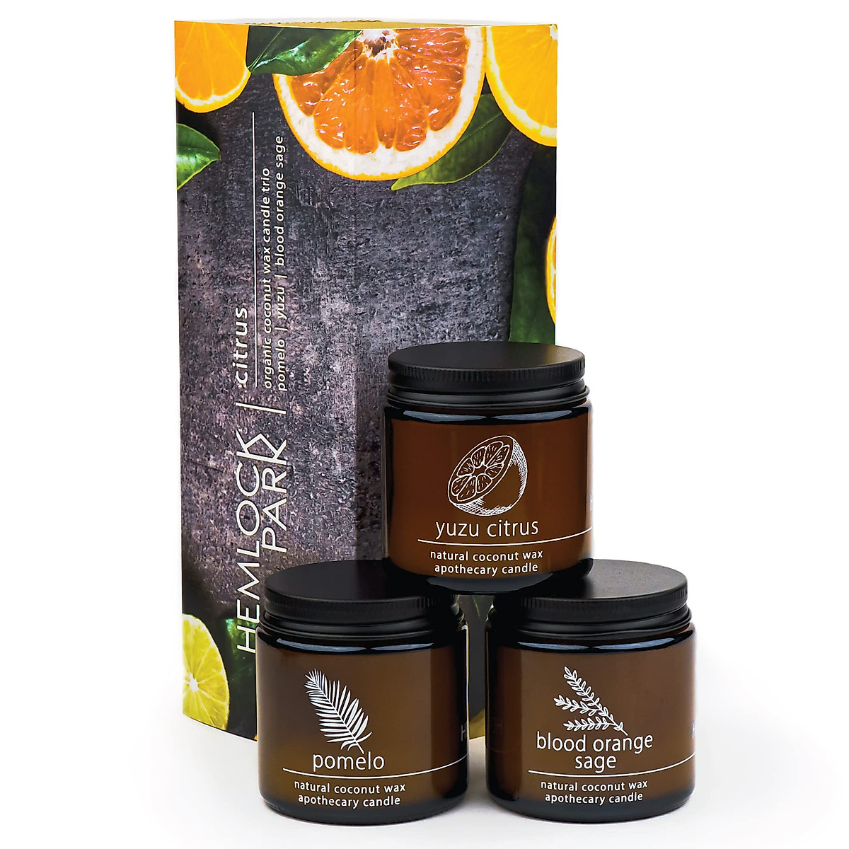 Hemlock Park Apothecary Candle Trio | Gift Set of Three 4 oz Candles Handcrafted with Natural Coconut Wax (Citrus | Pomelo, Yuzu, Blood Orange Sage)