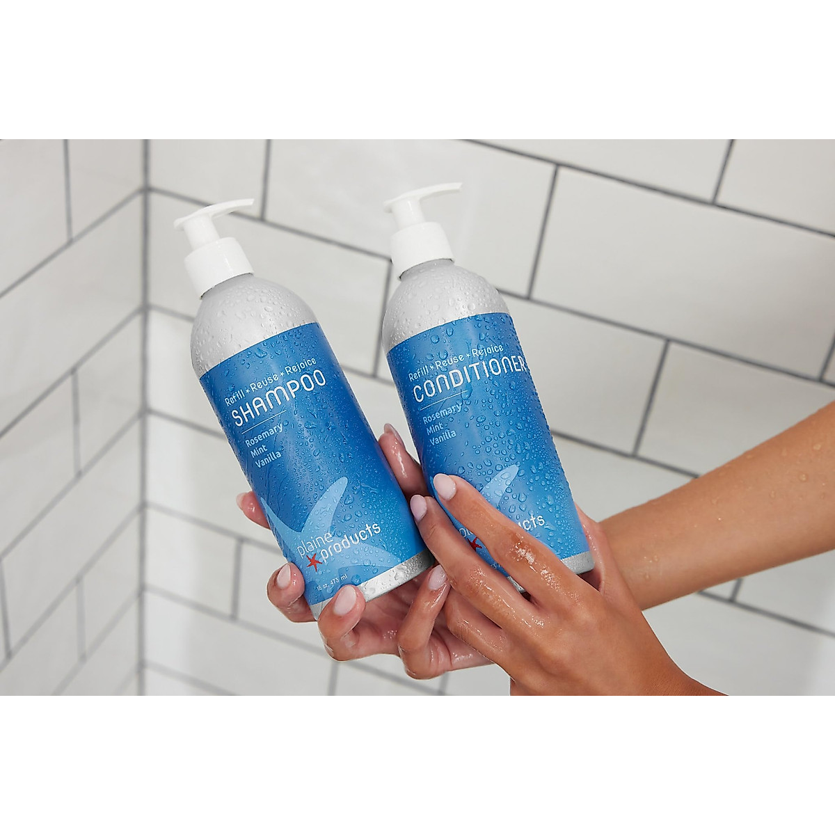 Eco-Friendly Shampoo and Conditioner - Rosemary, Mint, Vanilla - Sulfate Free, 16 oz (Refillable Bottles with pumps)