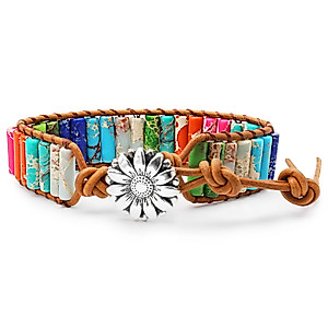 Reaowazo 7 Chakra Bracelets for Women Boho Handmade Wrap Bracelets Leather Healing Stone Bracelet Friendship Jewelry Gifts Flower