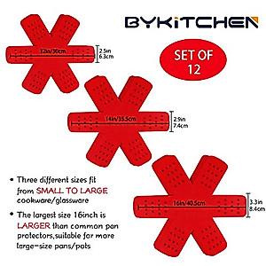BYKITCHEN Pan Pot Protectors, Larger & Thicker Pan Protector with Stars, Set of 12 and 3 Different Sizes, Red Pot Divider Pads for Protecting and Separating Your Cookware