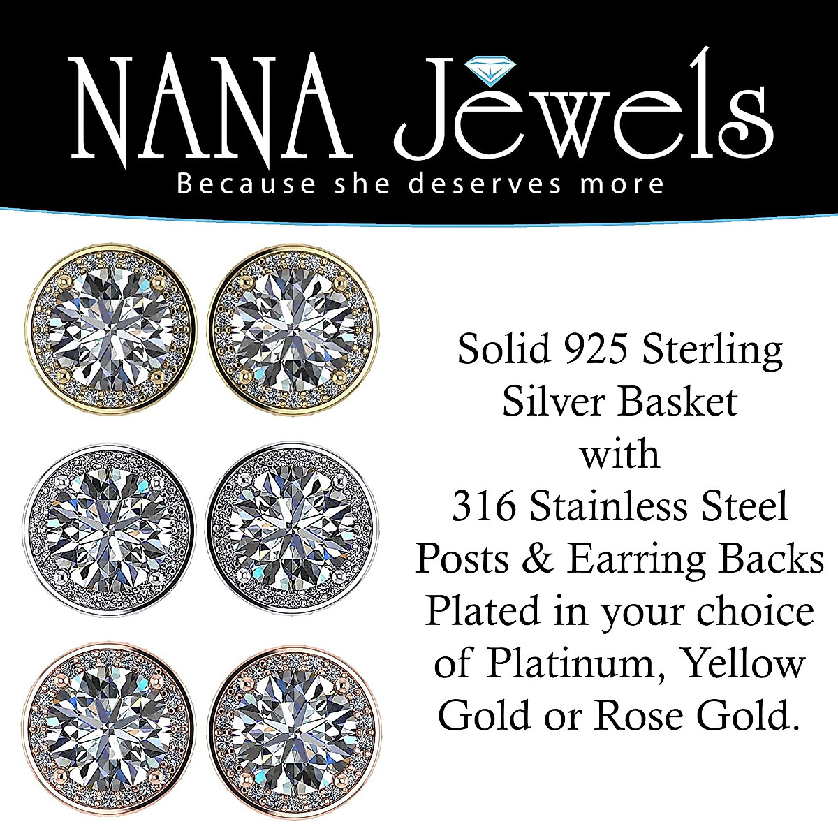 NANA Jewels Womens 925 Sterling Silver 7.5mm-3.00ct Rhodium Plated, Hypoallergenic Round Halo Stud Earring