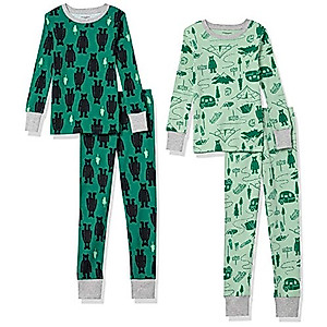 Amazon Essentials Unisex Toddlers' Snug-Fit Cotton Pajama Sleepwear Sets, 4-piece, Bottle Green Polar Bear/Mint Green Happy Camper, 4T