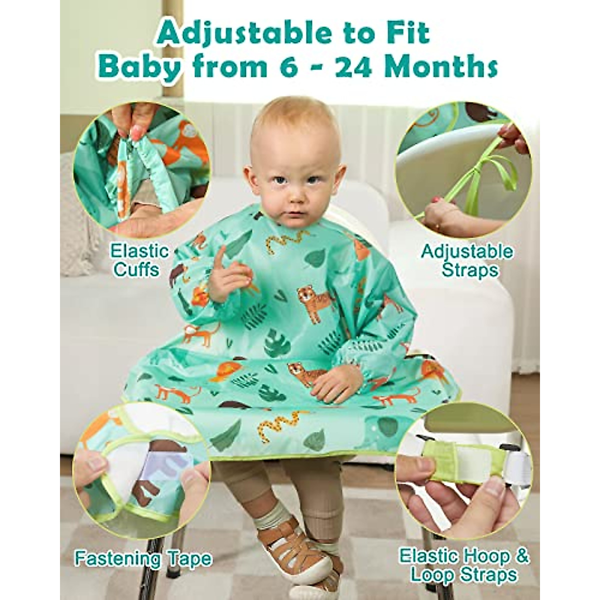Lictin Coverall Baby Feeding Bibs - 2-Pack Long Sleeve Baby Bibs for Eating, Adjustable Weaning Bibs, Waterproof Bib Attaches and Fully Cover to Baby Highchair and Table