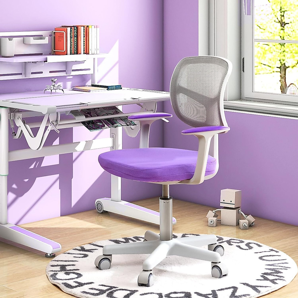 FUTADA Kids Desk Chair, Height Adjustable Children Study Chair w/Lumbar Support, Swivel Mesh Seat, Universal Casters, Ergonomic Kids Task Chair for Boys Girls Aged 3-10, Home, School, Office (Purple)