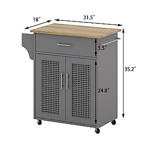 Tornama Kitchen Island with Storage, Rolling Kitchen Island on Wheels with Solid Wood Countertop, White Kitchen Island Cart with Rattan Storage Cabinet, Spice Rack, Towel Rack and Drawers